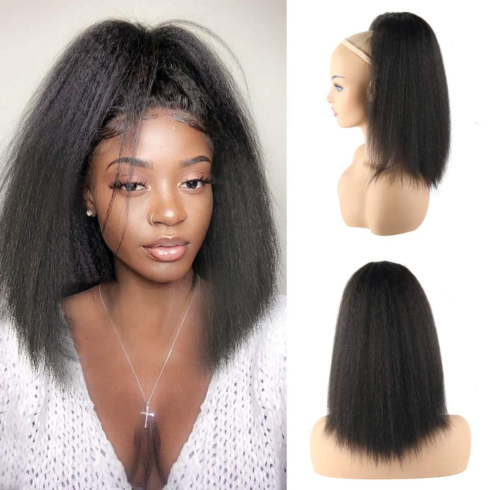 LEOSA Ponytail Extension 14 inch Drawstring Ponytails for Black Women Short Natural Black Yaki Straight Drawstring Ponytail Hair Extensions (14 Inch (Pack of 1), 1B#)
