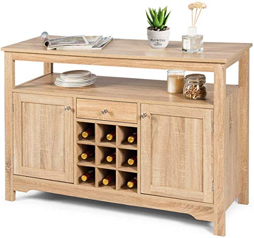 ReunionG Buffet Sideboard, Wine Console Table, Wooden Kitchen Organizer w/2 Cabinets, 1 Drawer and 9 Wine Cabinets, Farmhouse Storage Cupboard, Wine Rack, Server Table, Dining Room Furniture (Natural)