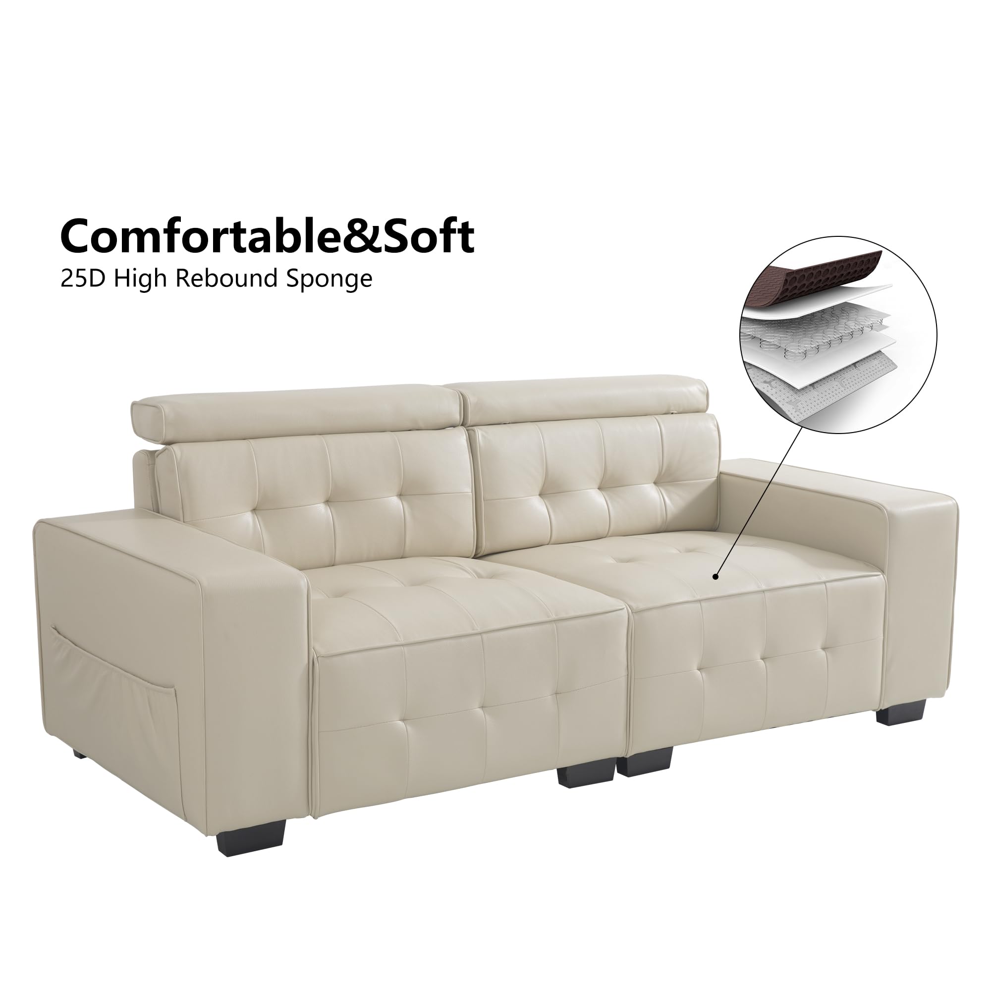 83" Leather Sofa with Adjustable Headrest Mid Century Modern Double Loveseat Sofa for Living Room Bedroom Apartment Office,2 Seater Luxury Classic Wide Armrest,Deep Seat (Leather, White)