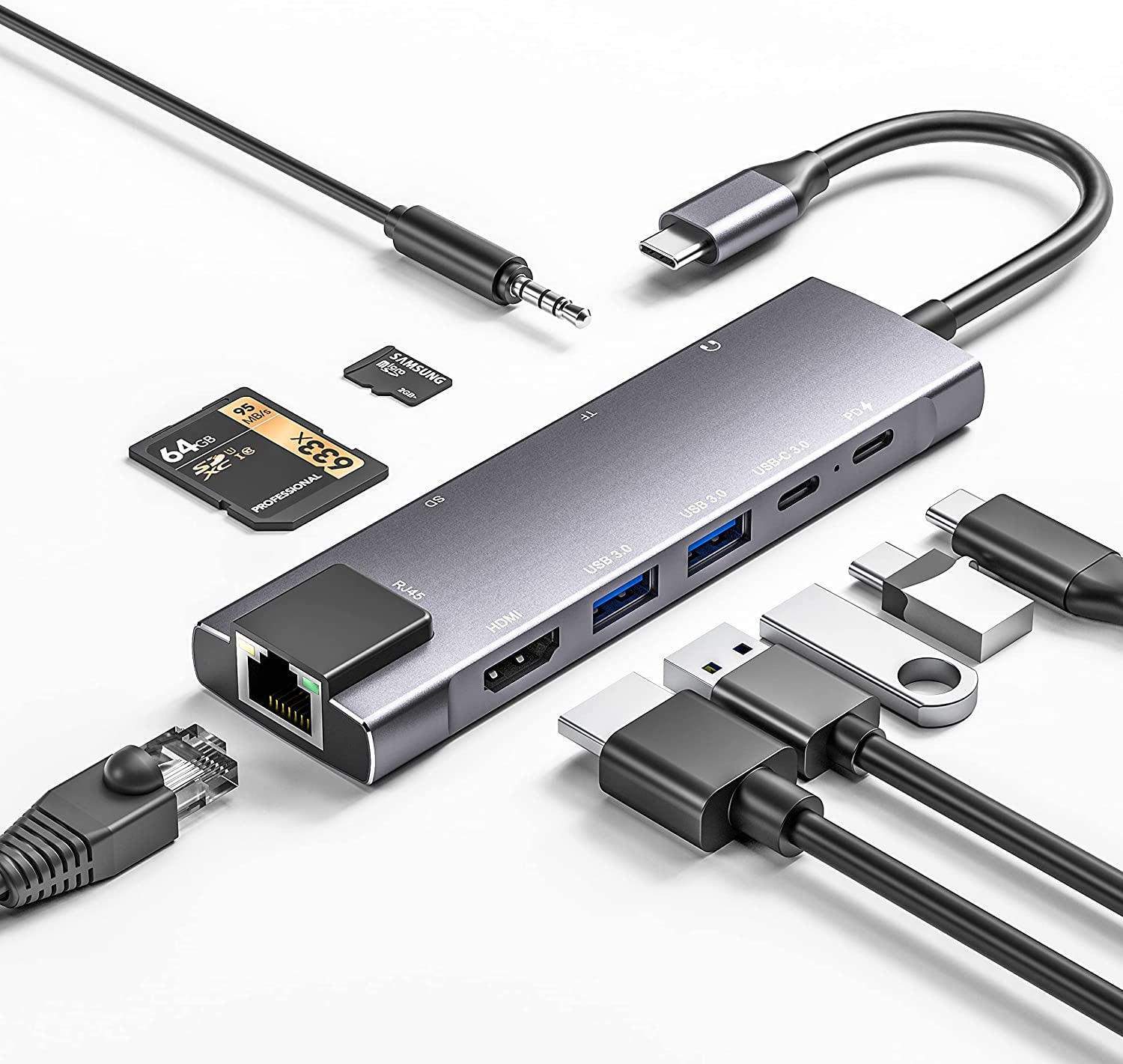 USB C Hub 9 in 1 Multiport Adapter w/Gigabit Ethernet,100W PD,4K@60Hz,2 USB 3.0,USB C 3.0 Data,SD/TF Card Reader,3.5mm Jack,Dongle Docking Station for MacBook iPad Pro iPhone 15 Steam Deck/Rog Ally