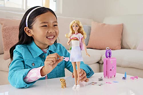 Barbie Doll & Accessories, Travel Set with Puppy and 10+ Pieces, Suitcase Opens & Closes, Malibu Doll with Blonde Hair