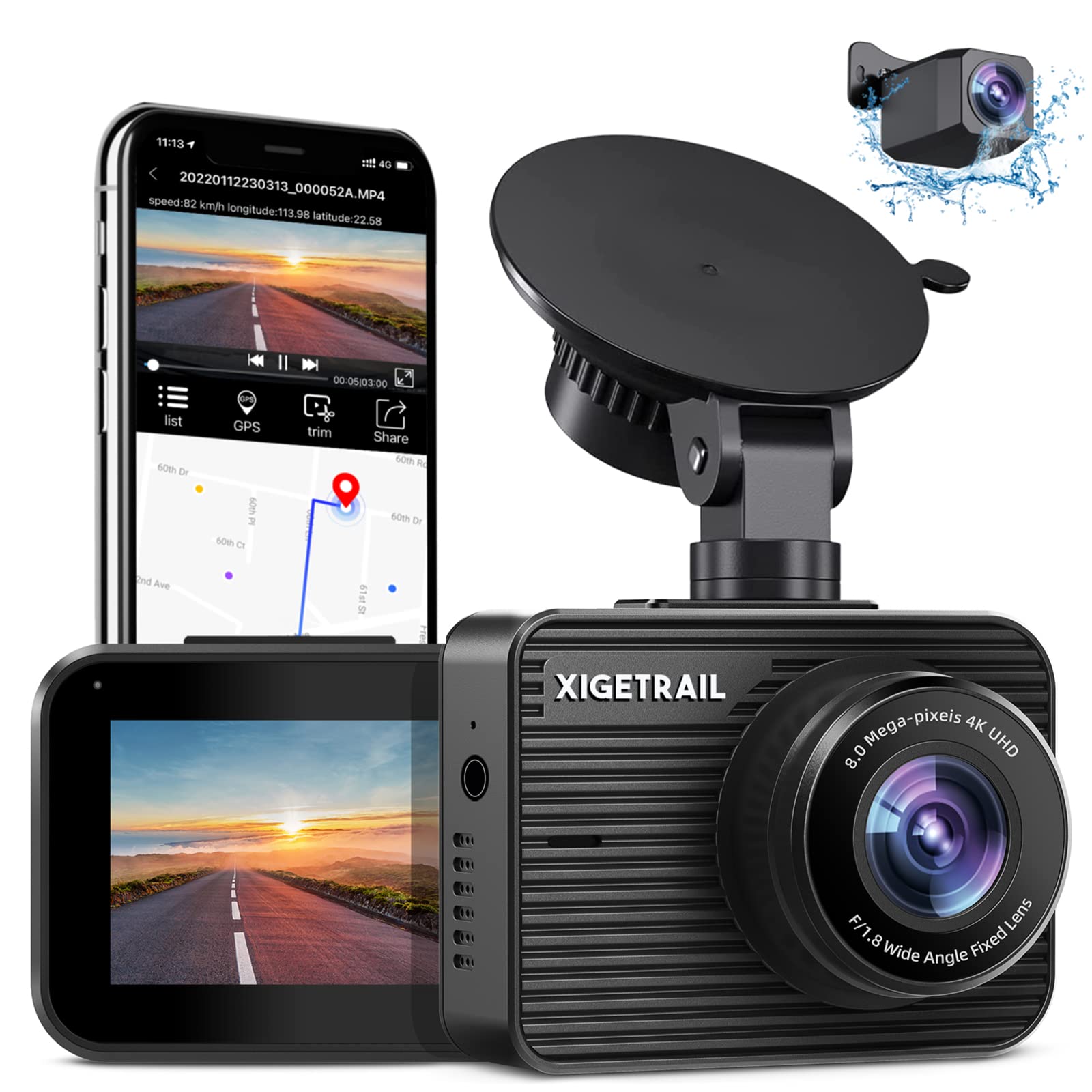 4K Dual Dash Cam Front and Rear Built-in GPS, XIGETRAIL Dash Cam Front 4K and Rear 1080P Dash Camera for Cars, Car Dashboard Camera with Night Vision, WDR, Parking Monitor, 2" IPS, Support 256GB Max
