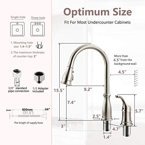 APPASO 3 Hole Kitchen Faucet with Pull Down Sprayer Stainless Steel Brushed Nickel, 2 Hole Pull Out Kitchen Sink Faucet with Side Single Handle and Soap Dispenser, 211BN
