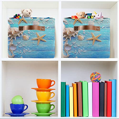 FZDXZJJ Summer Beach Wooden Starfish Storage Basket Bins, Ocean Nautical Decorative Baskets Storage Box Collapsible Storage Cubes Organizer with Handles for Nursery Shelf Closet Office Home Bedroom,1 Pack