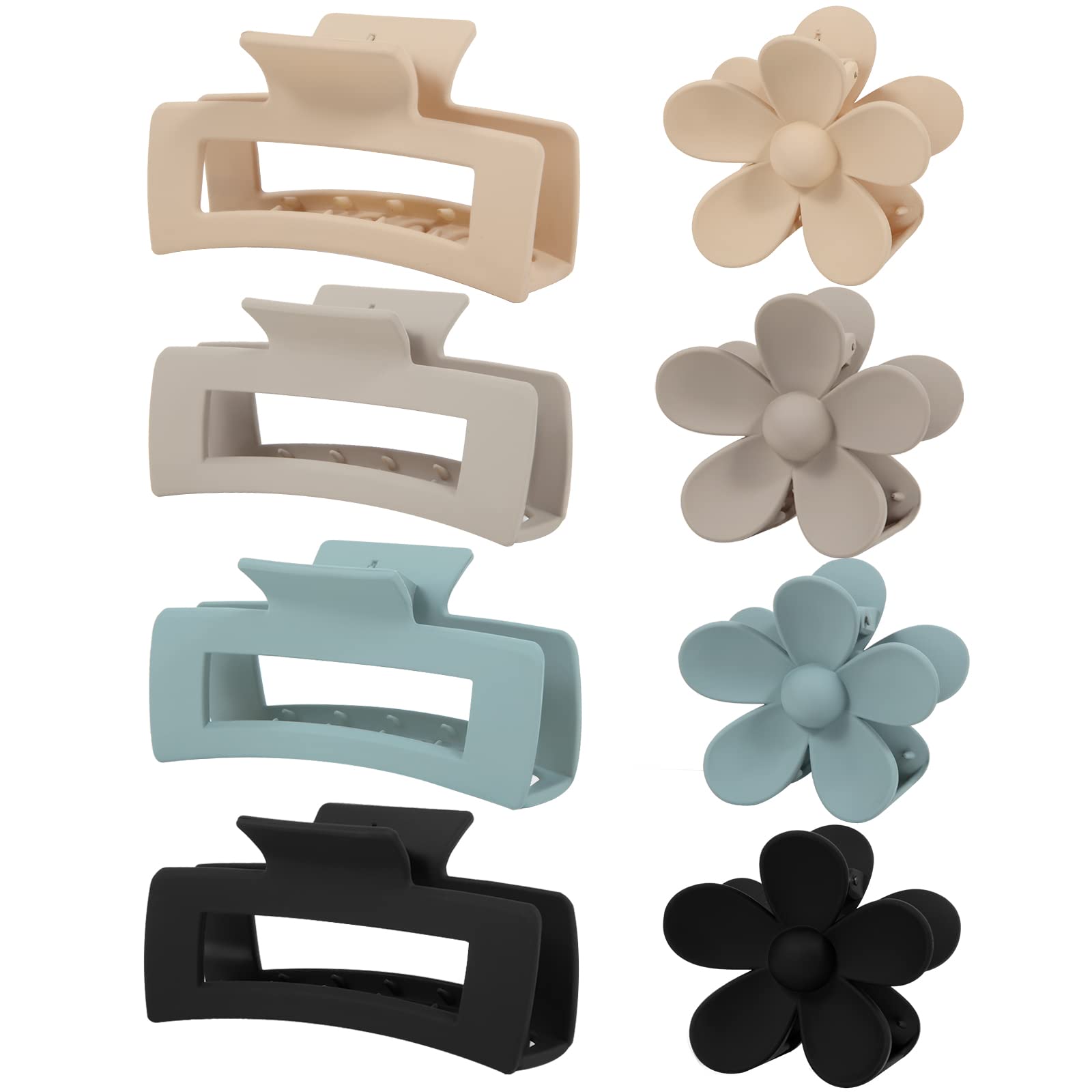 8 Pack Medium Flower and Square Hair Clips, 3.5" Cute Matte Claw Clips for Women and Girls, 2 Styles for Thick and Thin Hair