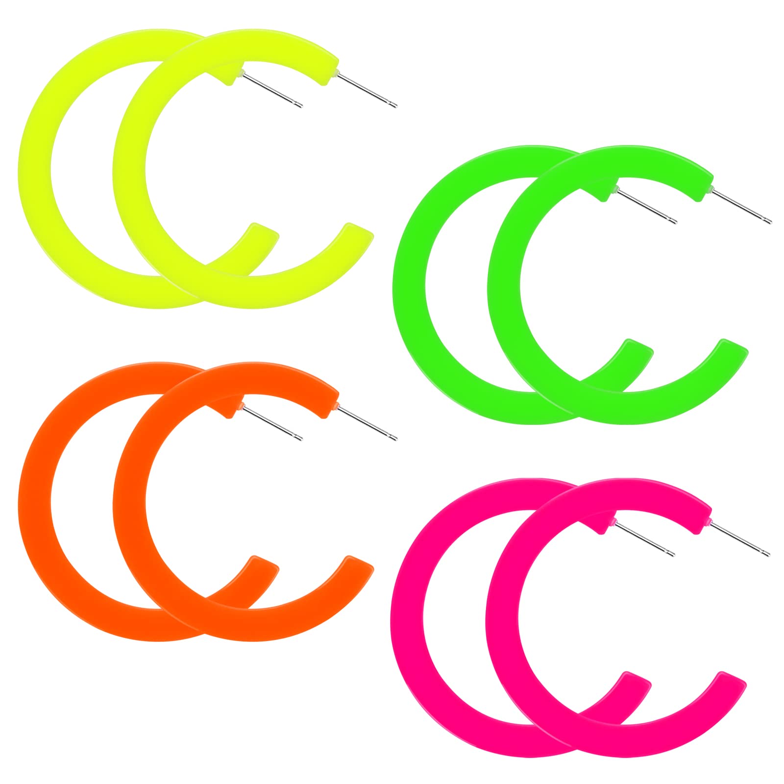 4 Pairs Acrylic Neon 80s Earrings Women Retro Colorful Hoop Earrings Candy Color Lightweight Hoop Earrings for 80s Party Costume Accessory