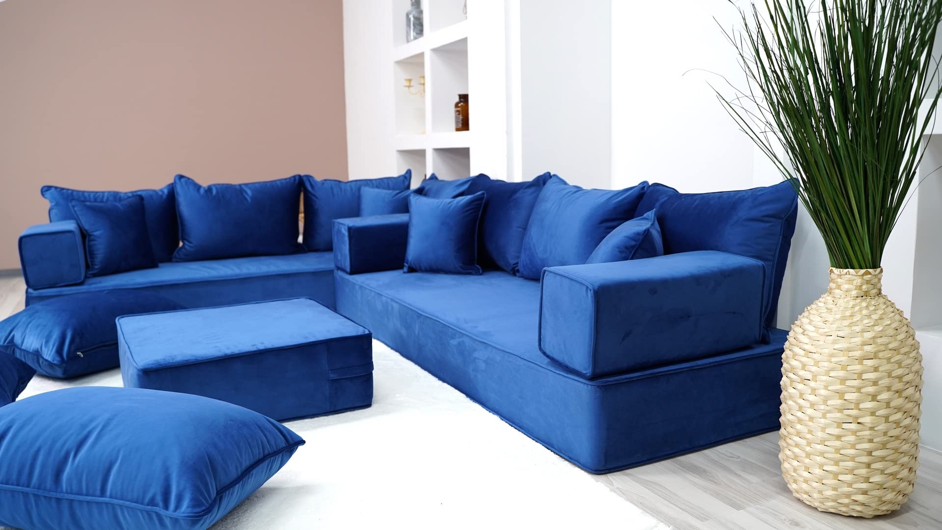 8" Thickness Fabric Royal Blue L Shaped Couch, Moroccan Livingroom Floor Couch, Velvet Sofa Cover, Sofa Bed, Velvet Arabic Seating (L Sofa + Ottoman + Pillows)