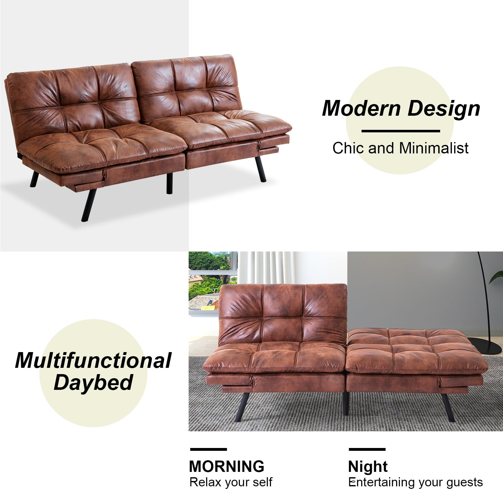 Maxspeed Sofa Bed, Convertible Memory Foam Sofa, Modern Loveseat Sleeper with Adjustable Armrests and Backrest, Faux Leather Futon for Living Room, Office, Small Space, Brown