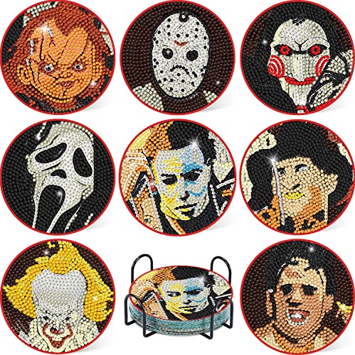 ICECHEN 8 Pcs Diamond Paintings Coasters Kits with Holder, DIY Halloween Coaster Diamond Art Kits,Full Drill Rhinestone Painting Kits for Adults & Kids,Beginners Art Craft Supplies