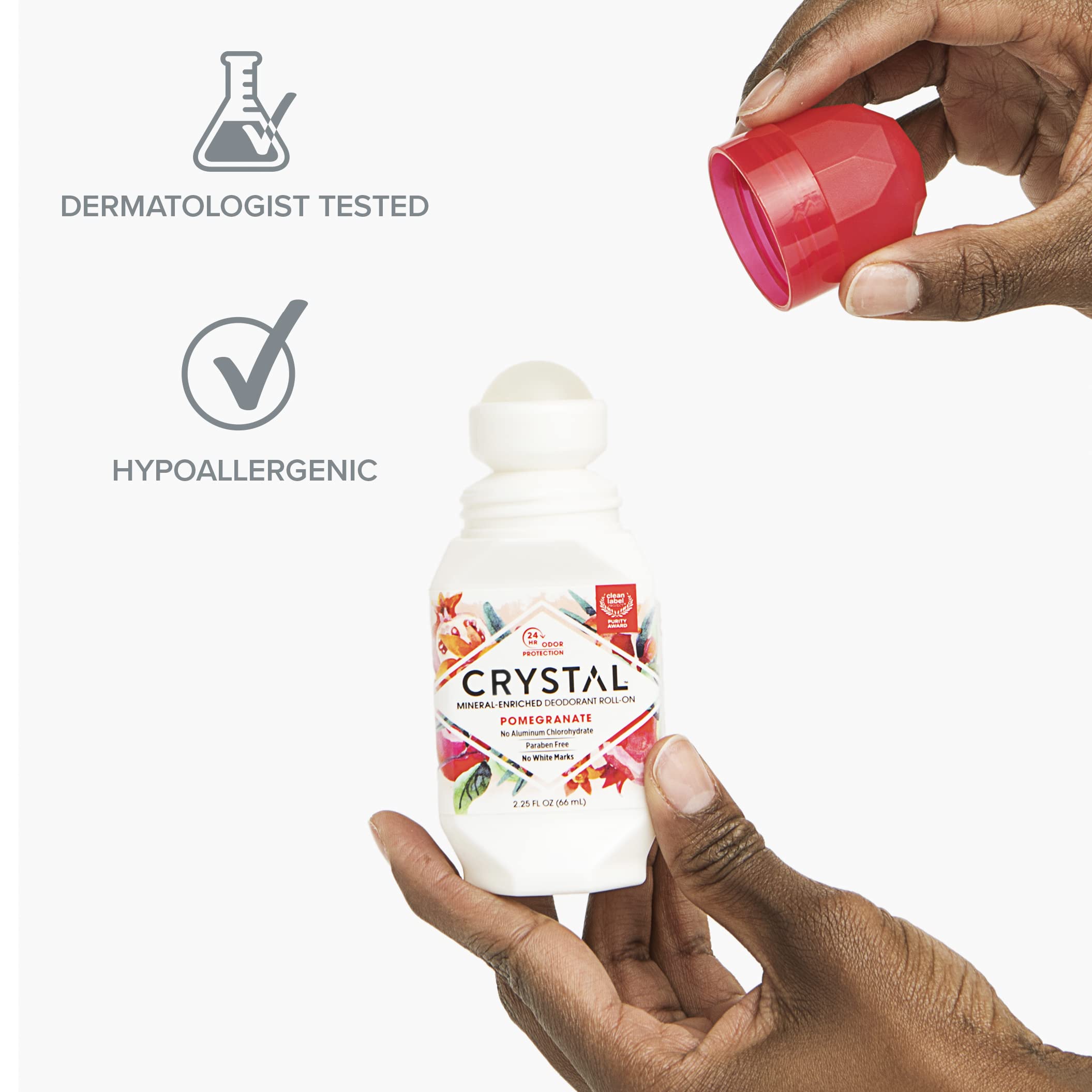 Crystal Mineral Deodorant Roll-On Body Deodorant With 24-Hour Odor Protection, Pomegranate, Non-Sticky Roll-On, Aluminium Chloride, 2.25 FL OZ - 3 pack