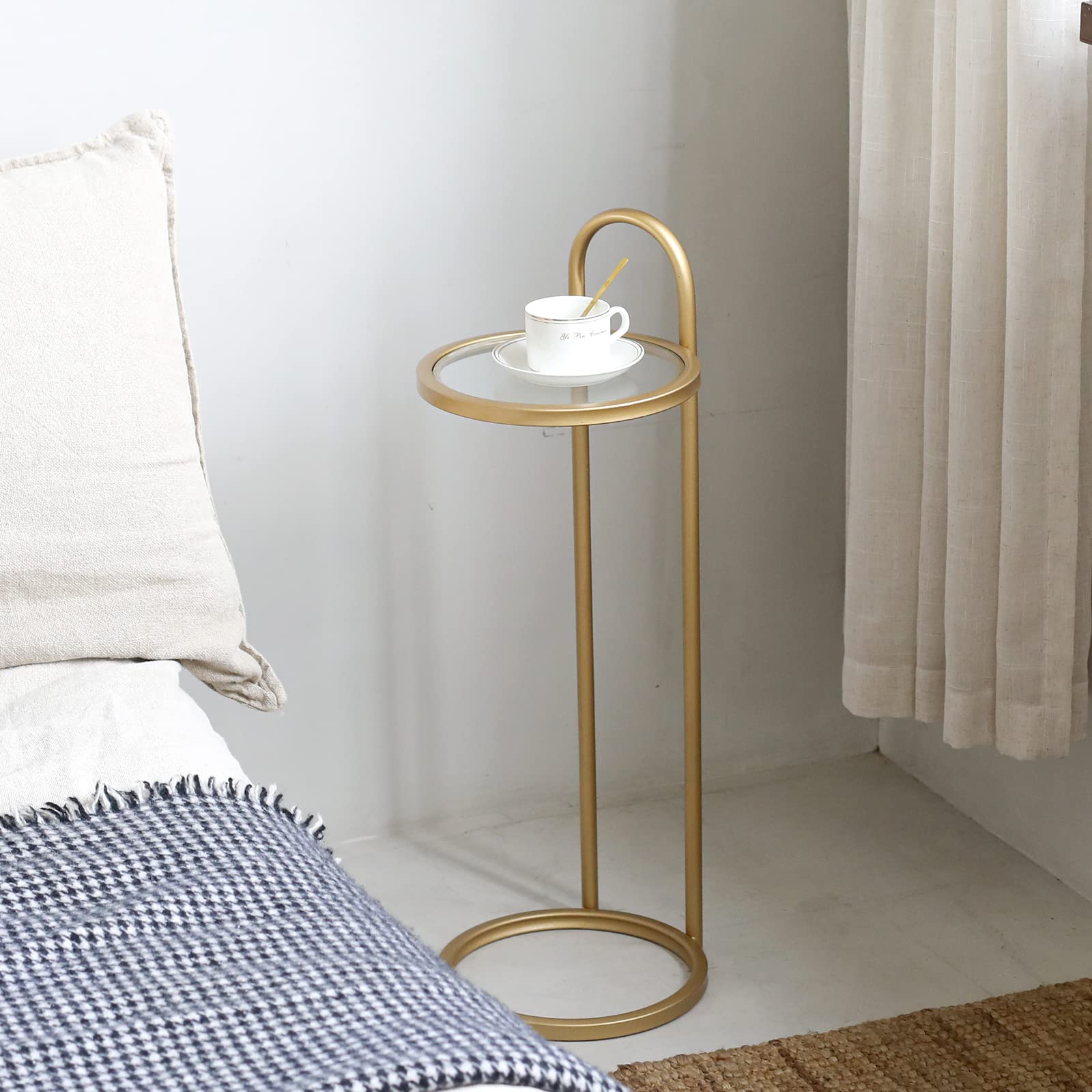 Gold Glass Small Drink Snack Accent Martini Table, C Shaped Side End Table, No-Assembly, 10" D x 28.5" H