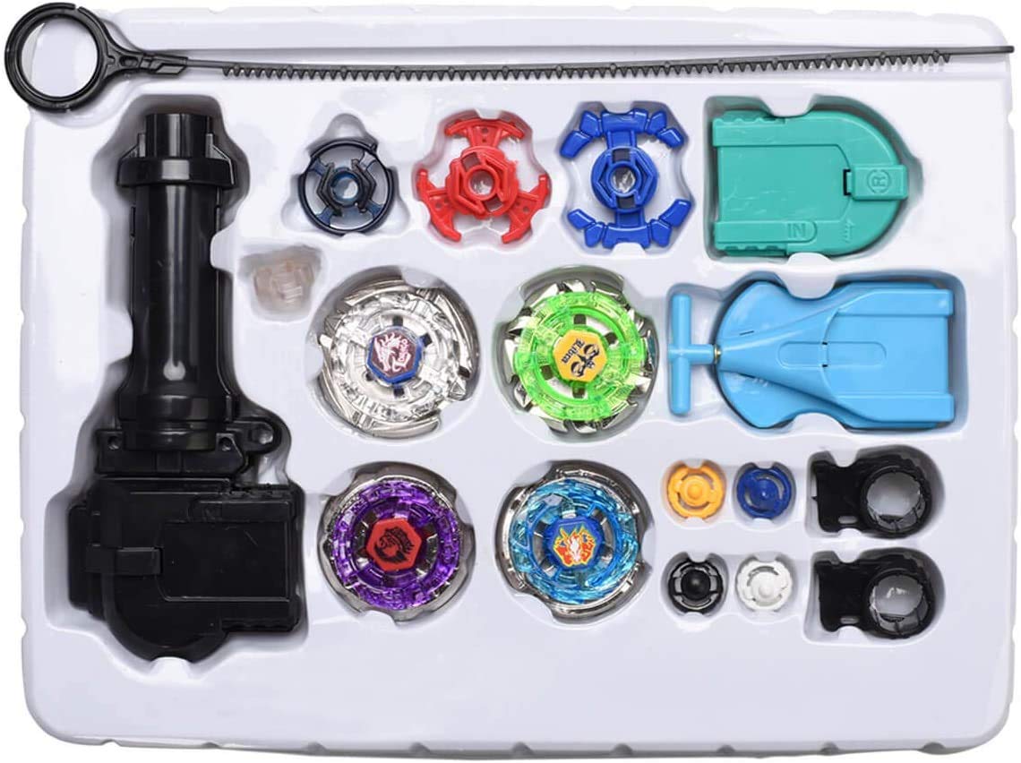Bey Metal Fusion Blades Burst Turbo Evolution Battling Tops Master Starter Set Storm Pegasus/Flame Libra/Earth Eagle/ Lightning L-Drago with 4D Spinning Launcher Grip,Burst Gyro Toy Set Gift for Boys