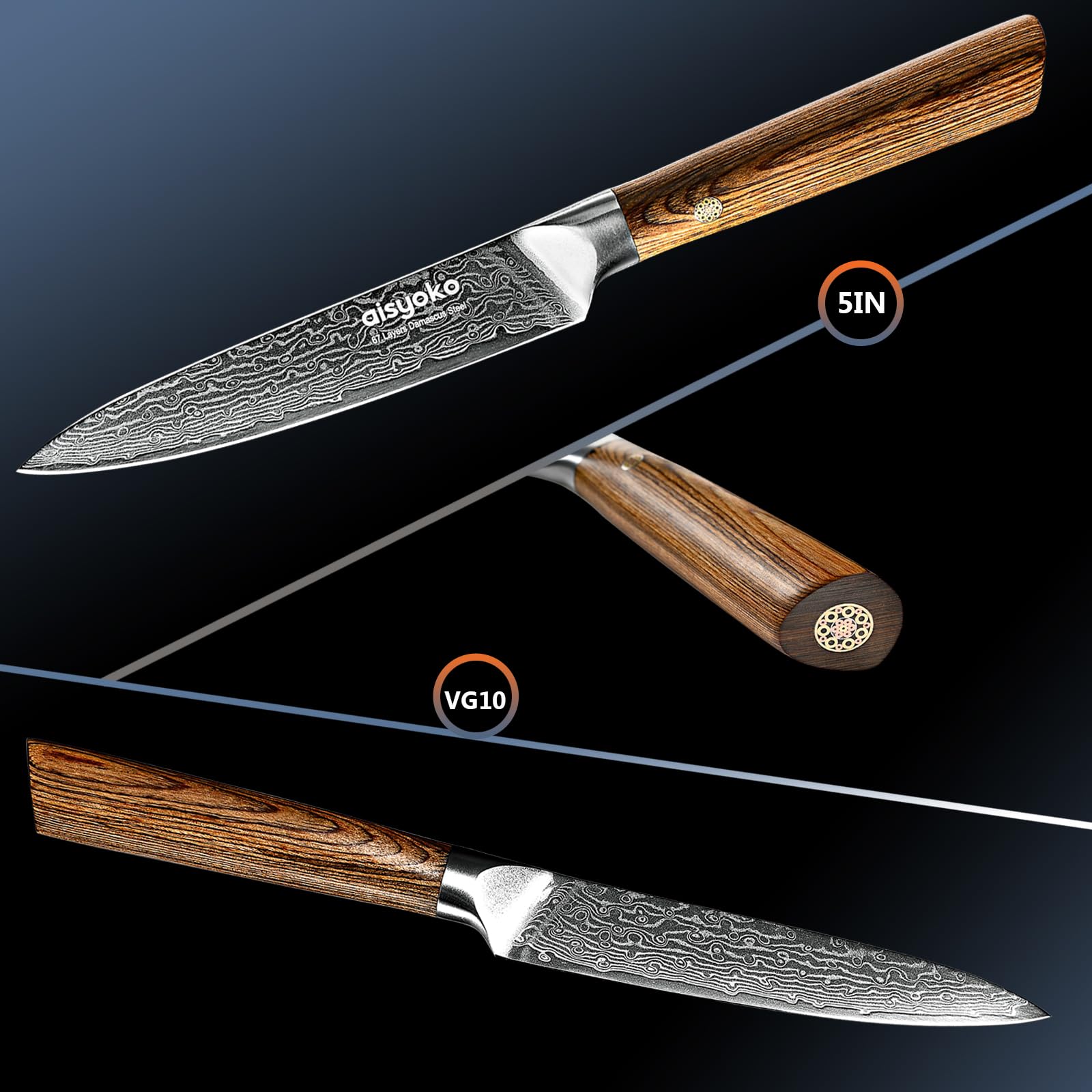 aisyoko Paring knife 5 inch sharp fruit utility knife-Japanese VG-10 super steel 67 layer Damascus steel knife-for carving and peeling-luxury gift box with color wooden handle-with scabbard