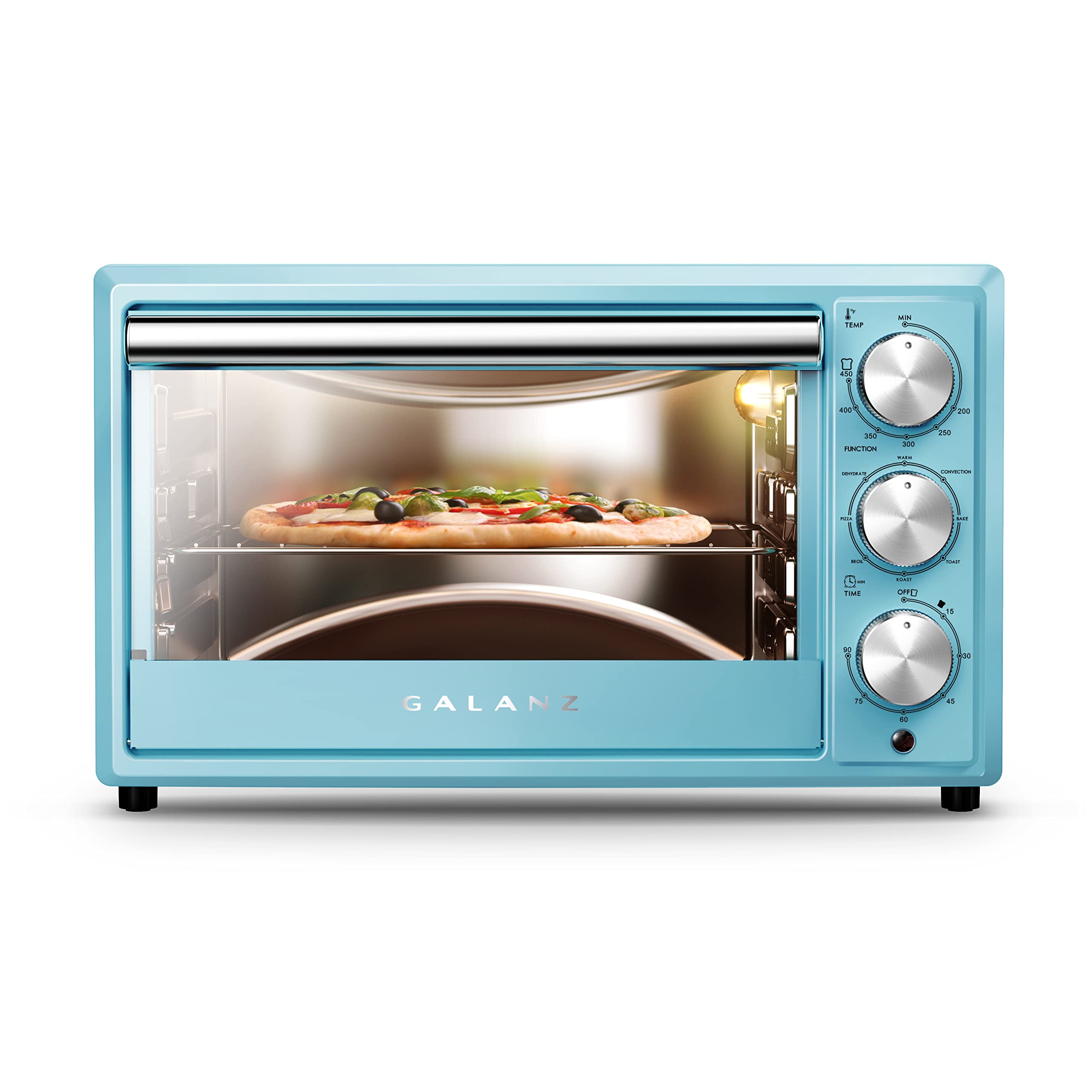 Galanz Large 6-Slice True Convection Toaster Oven, 8-in-1 Combo Bake, Toast, Roast, Broil, 12â Pizza, Dehydrator with Keep Warm Setting, Retro Blue
