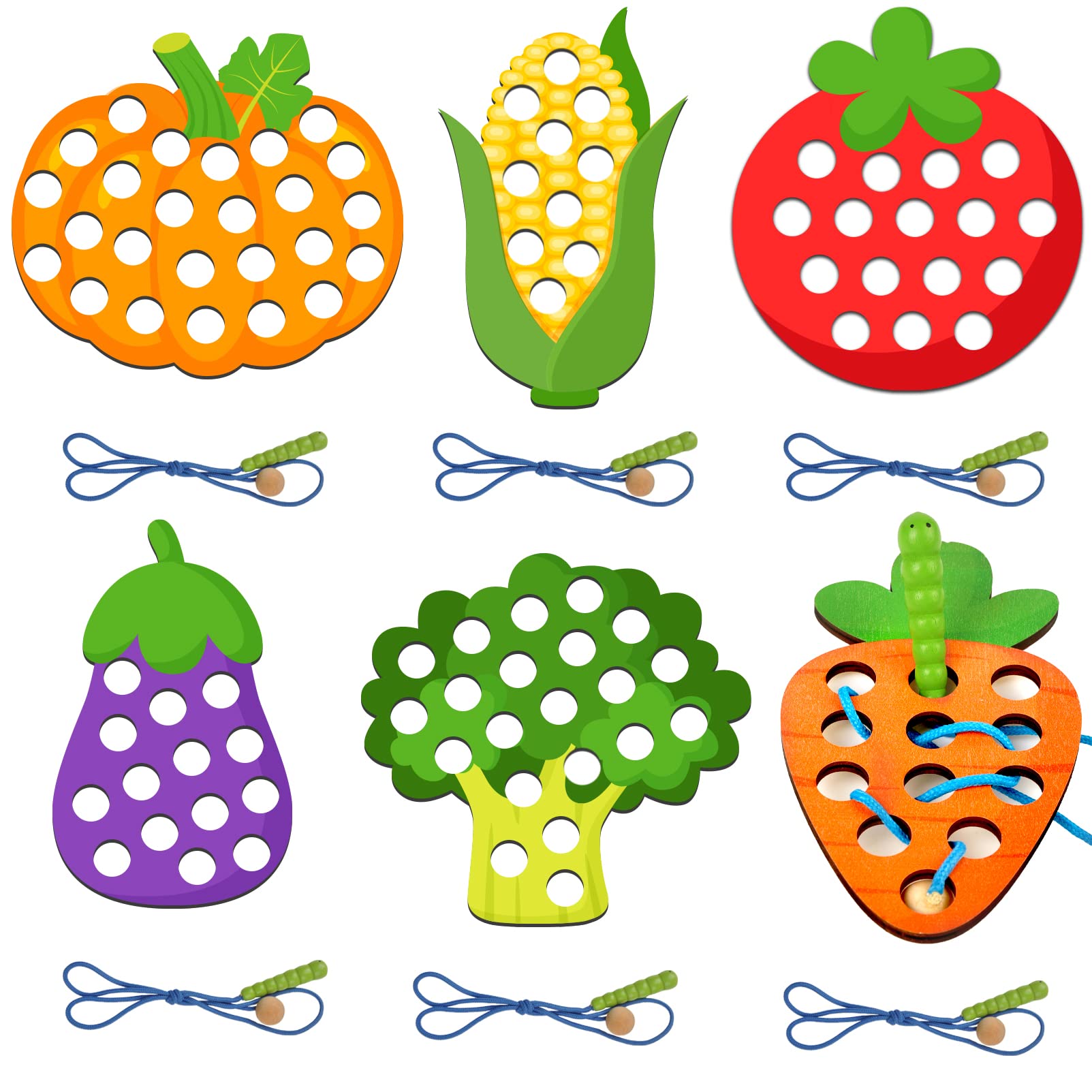 6 Pcs Lacing Toy Toddlers, Vegetable Wooden Threading Toys, Educational and Learning Montessori Activity Baby and Kids, Fine Motor Skill Toys, Pumpkin, Corn, Tomato, Eggplant, Broccoli, Carrot