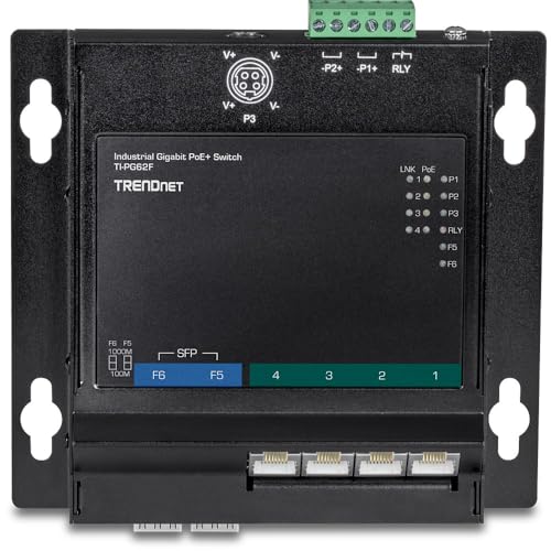 TRENDnet 6-Port Industrial Gigabit PoE+ Wall-Mounted Front Access Switch, TI-PG62F, 4 x Gigabit PoE+ Ports, 2 x Gigabit SFP Slots, DIN-Rail, Wall Mount Brackets Included, IP30, 120W PoE Budget