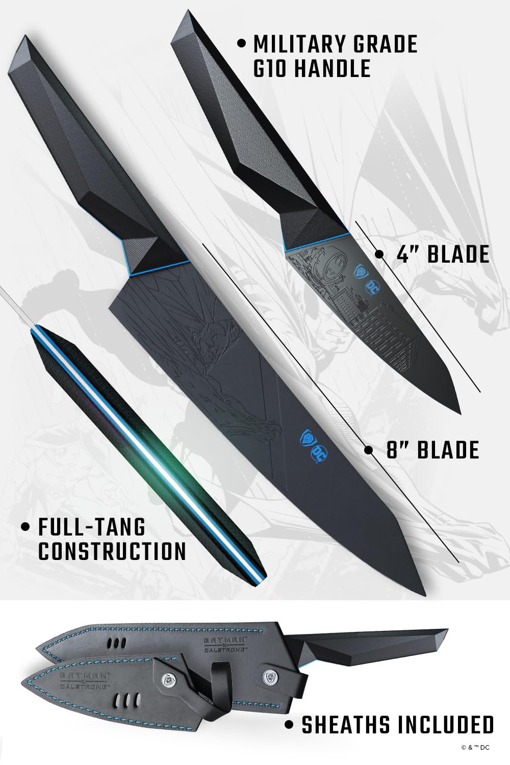Dalstrong Knife Set-2pc-BATMAN™ DC Licensed SBS Edition-8" Chef Knife 3.75" Paring Knife-7Cr17MoV Steel-Giftable Black Titanium Kitchen Knife-DC Batman Set-G10 Handle-Sheath-Comic Figures