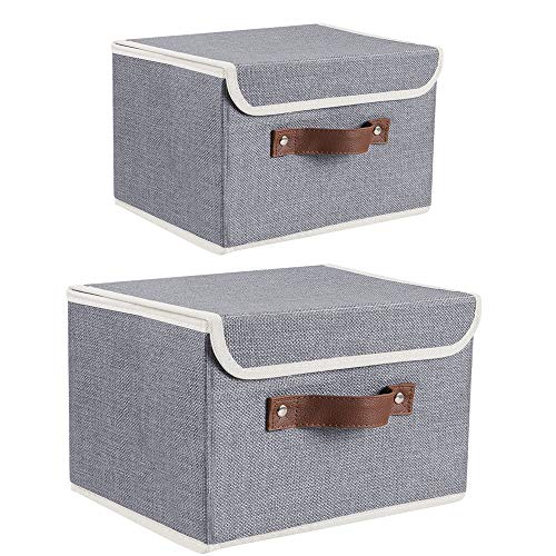 Lucky Monet 2 Pack Linen Fabric Foldable Storage Bin Set Collapsible Storage Box Cube Closet Organizer with Lid & Faux Leather Handle, 10βx8βx7β (Grey)