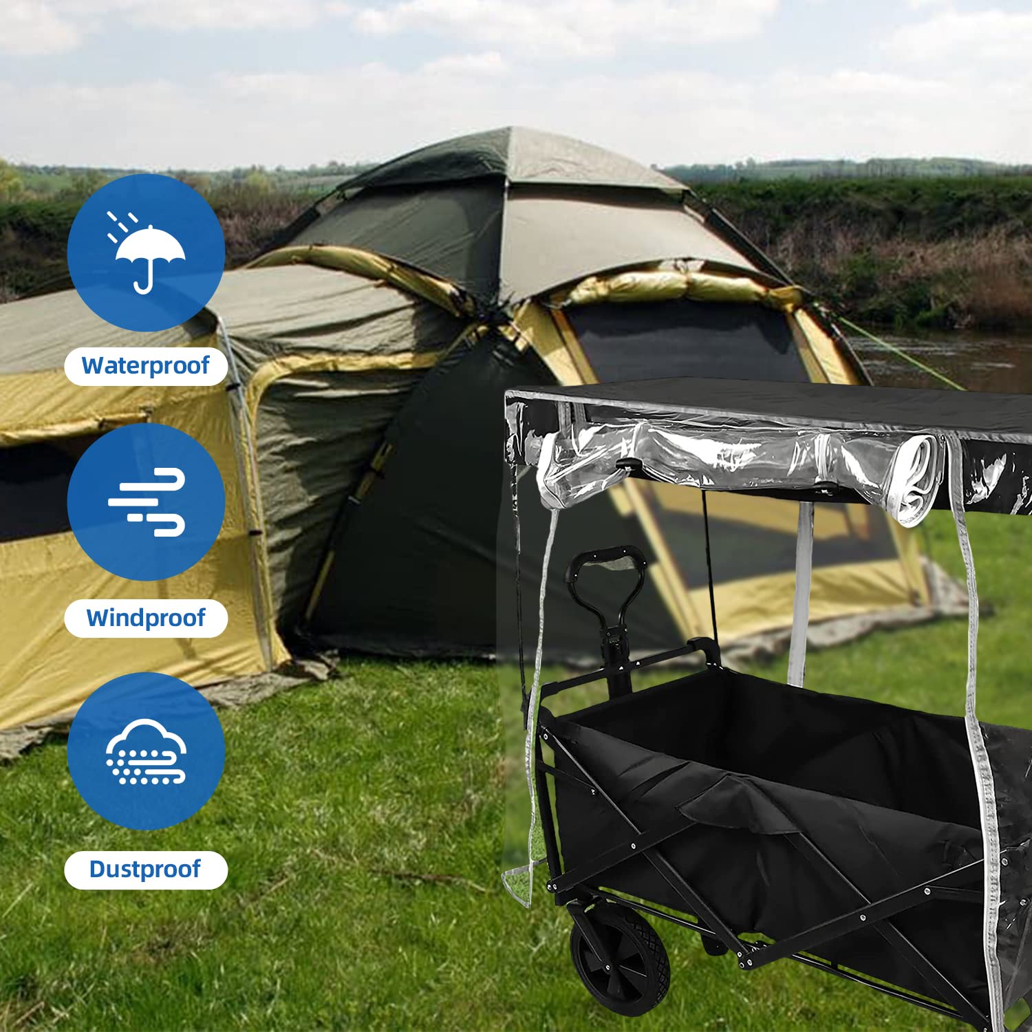 Aepiraza Wagon Rain Cover, Push-Pull Folding Transparent Waterproof Wagon Wind Cover Canopy Attachment with Zipper, for Outdoor Garden Camping Picnic Kid Wagon