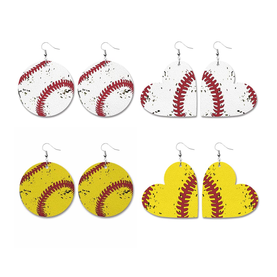 4 Pairs Cute Lightweight Faux Leather Earrings for Women Fun Baseball Basketball Volleyball Soccer Leather Earrings for Woman Dangle Drop Earrings Jewelry (Set #1)