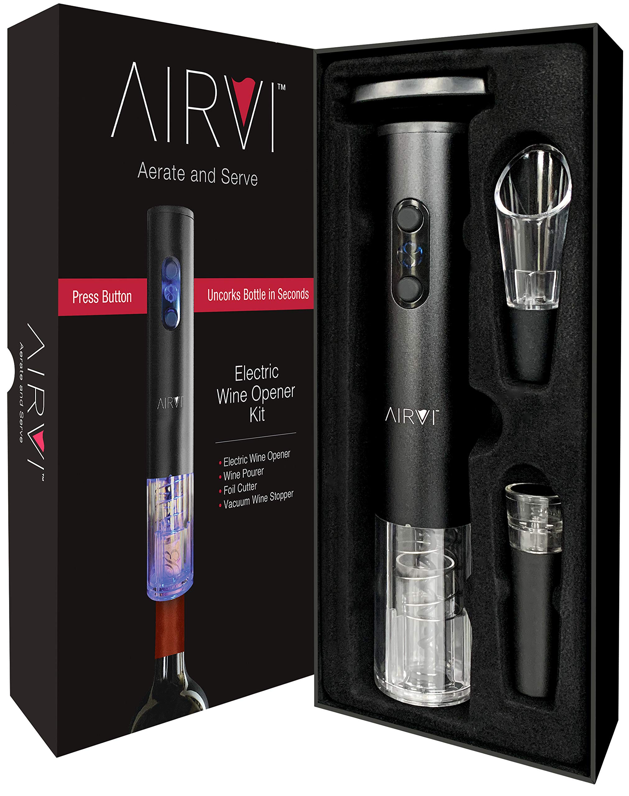 AirVi Electric Wine Opener Kit: Ultimate Wine Companion with Wine Opener, Wine Stopper, Wine Aerator, and Foil Cutter, Enhance Flavor and Maintain Freshness, Ideal Kitchen Gadgets, Four Pieces