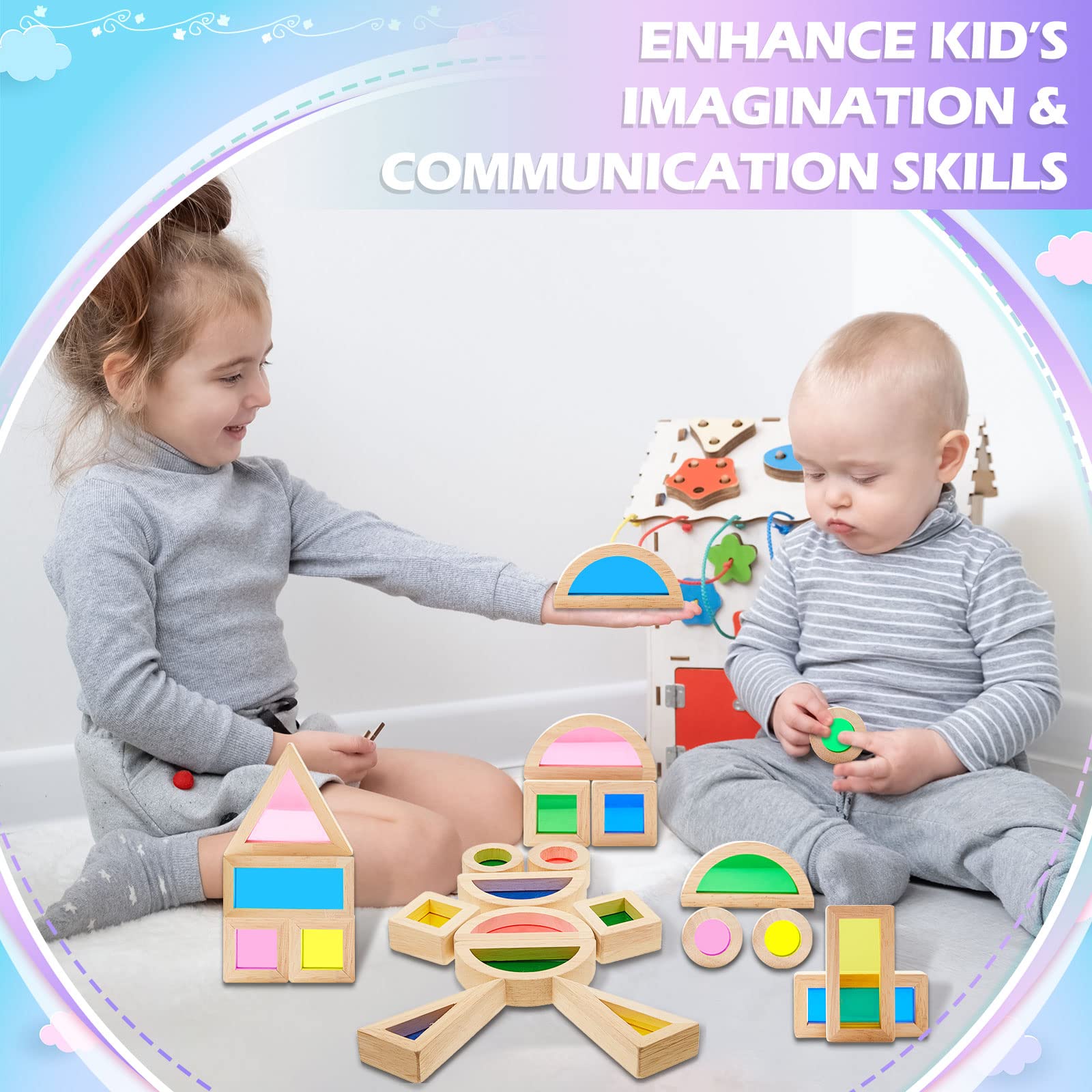 48 Pcs Wood Building Blocks Rainbow Geometry Wooden Blocks Construction Colorful Sensory Stacking Blocks for Toddlers Baby Kids Play Montessori Preschool Table Game Learning Educational Activity