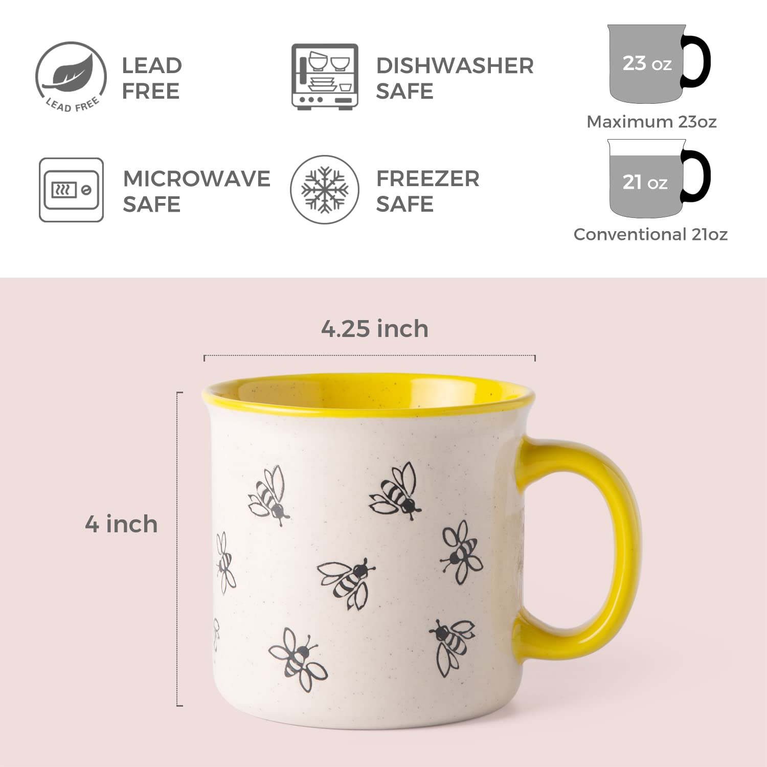 AmorArc 22 OZ Large Ceramic Coffee Mugs, Oversized Soup Cups With Big Handle for Men Women Dad Mom, Big Mug With Textured Bees Patterns for Office & Home -Microwave Safe, 2 Pcs