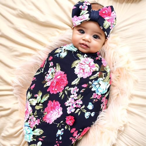 Galabloomer Receiving Blanket Headband Set Flower Print Baby Swaddle Receiving Blankets⦠(Navy Blue Rose)