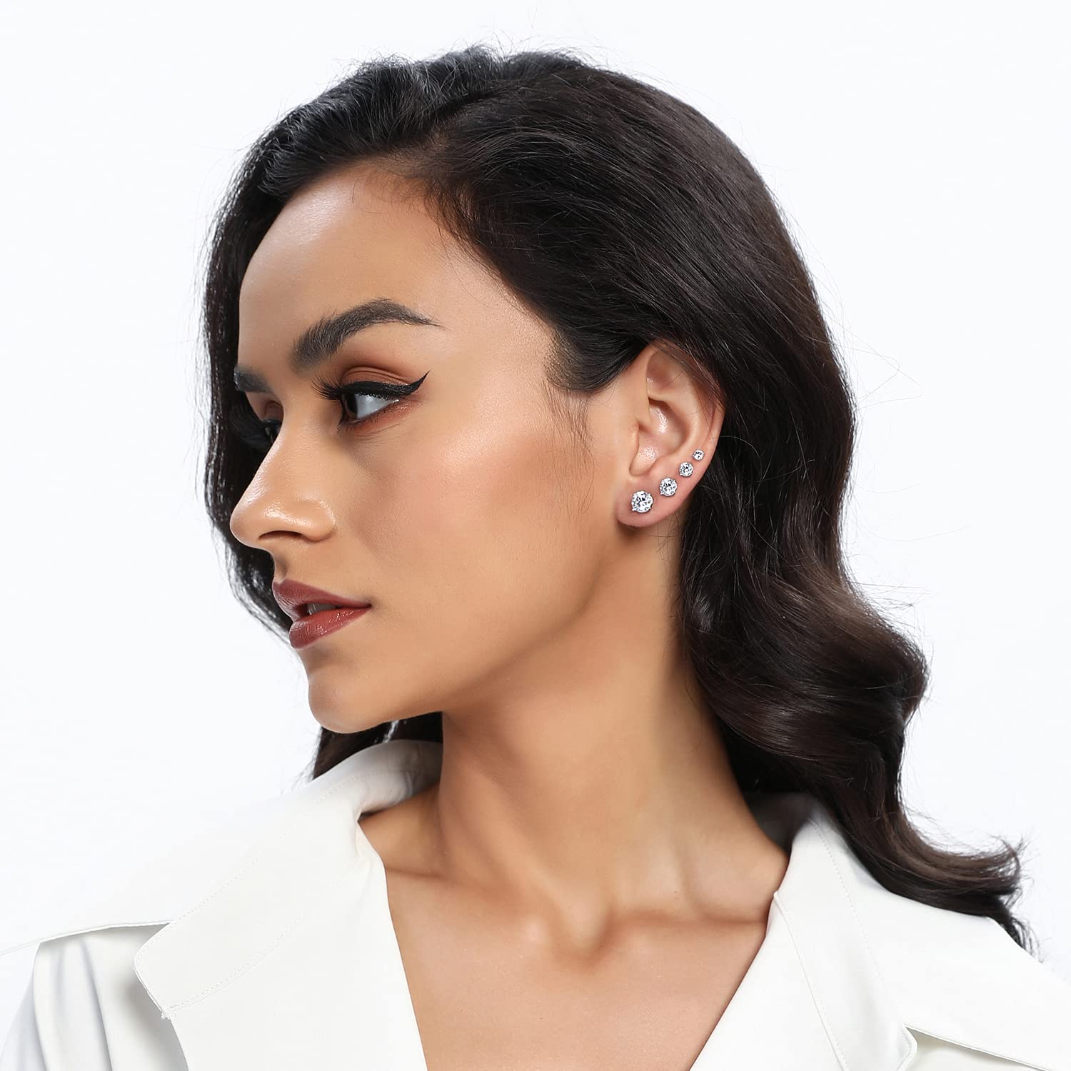 4 Pairs 925 Sterling Silver Round Stud Earring Set, 18K White Gold Plated Round Cut Clear Cubic Zirconia Hypoallergenic Earrings Pack for Women and Men