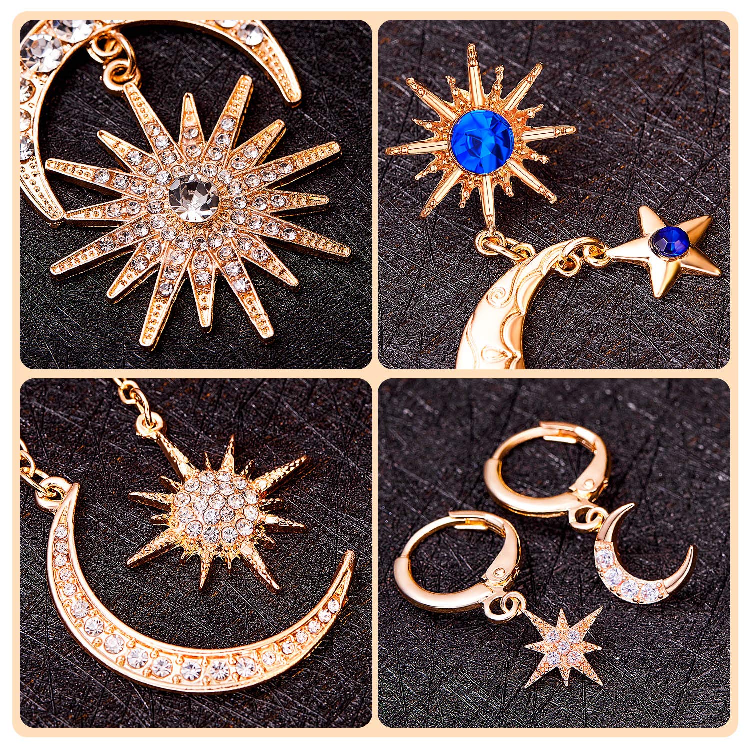 4 Pairs Moon Earrings Star Earrings Exaggerated Boho Earrings Retro Moon Dangle Drop Rhinestones Earrings Sun for Halloween Christmas Women Girls Gift