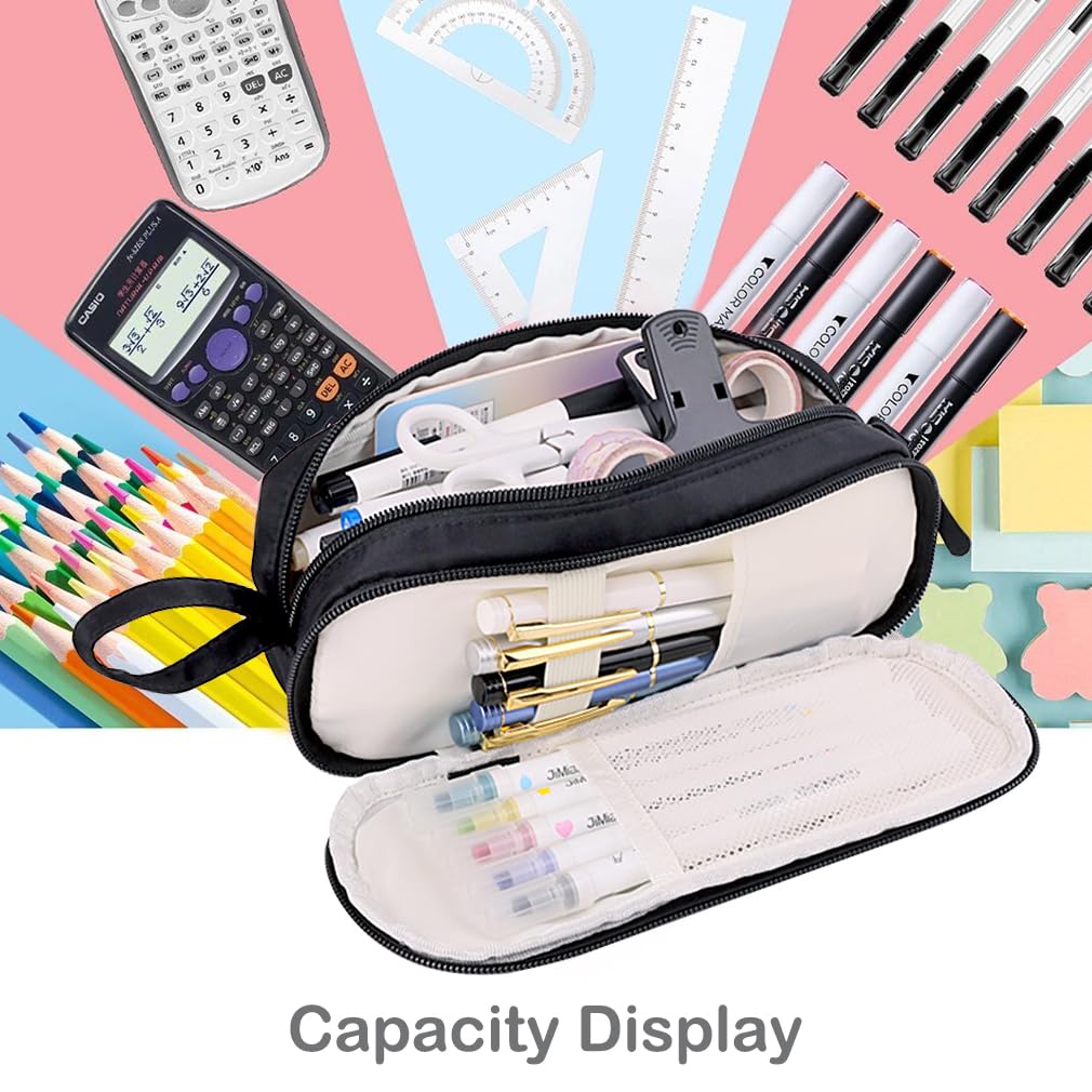 iSuperb 2 Compartments Pencil Case Zippered Pencil Pouch With Handle Big Large Capaciy Aesthetic Organizer Canvas & Nylon Pen Bag Handbag for Travel Office Stationary (Black)