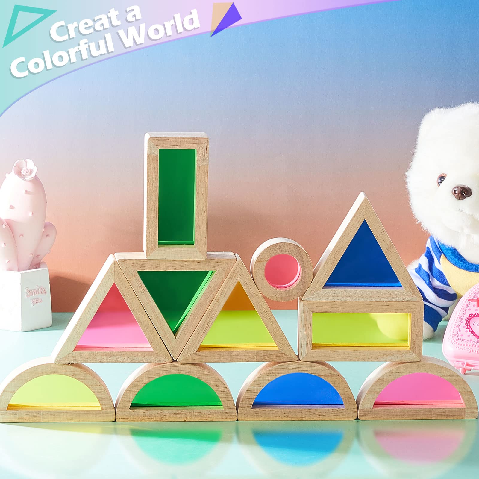 48 Pcs Wood Building Blocks Rainbow Geometry Wooden Blocks Construction Colorful Sensory Stacking Blocks for Toddlers Baby Kids Play Montessori Preschool Table Game Learning Educational Activity