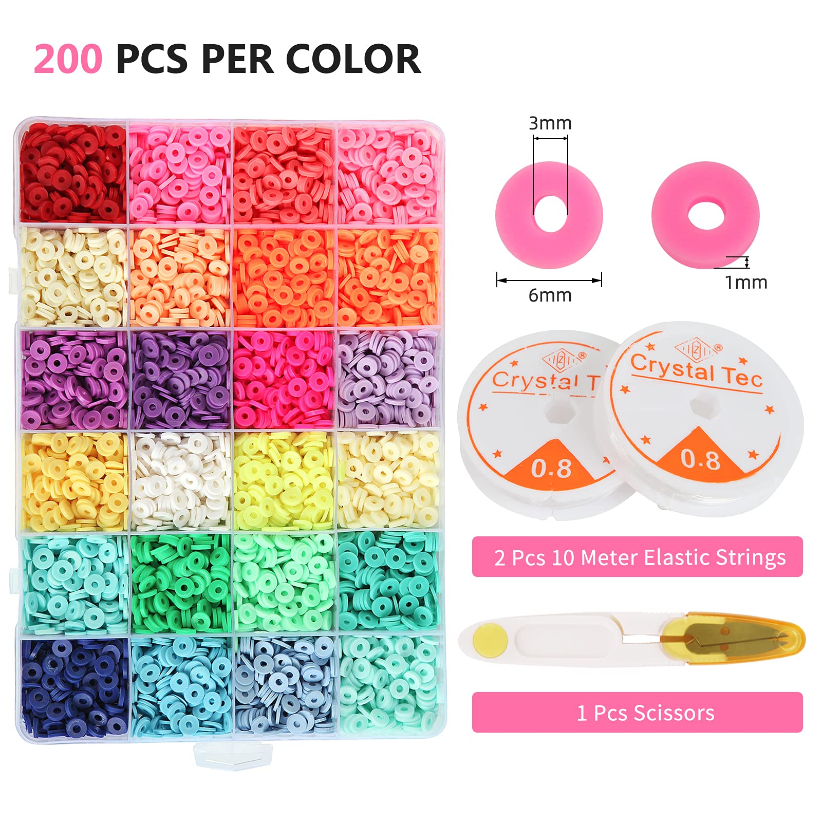 4800 PCS 6MM Polymer Clay Fimo Rainbow Color Beads, Flat Disc Heishi Beads, Multicolor Polymer Beads with 2 Roll Elastic Thread and 1 Scissorsā¦