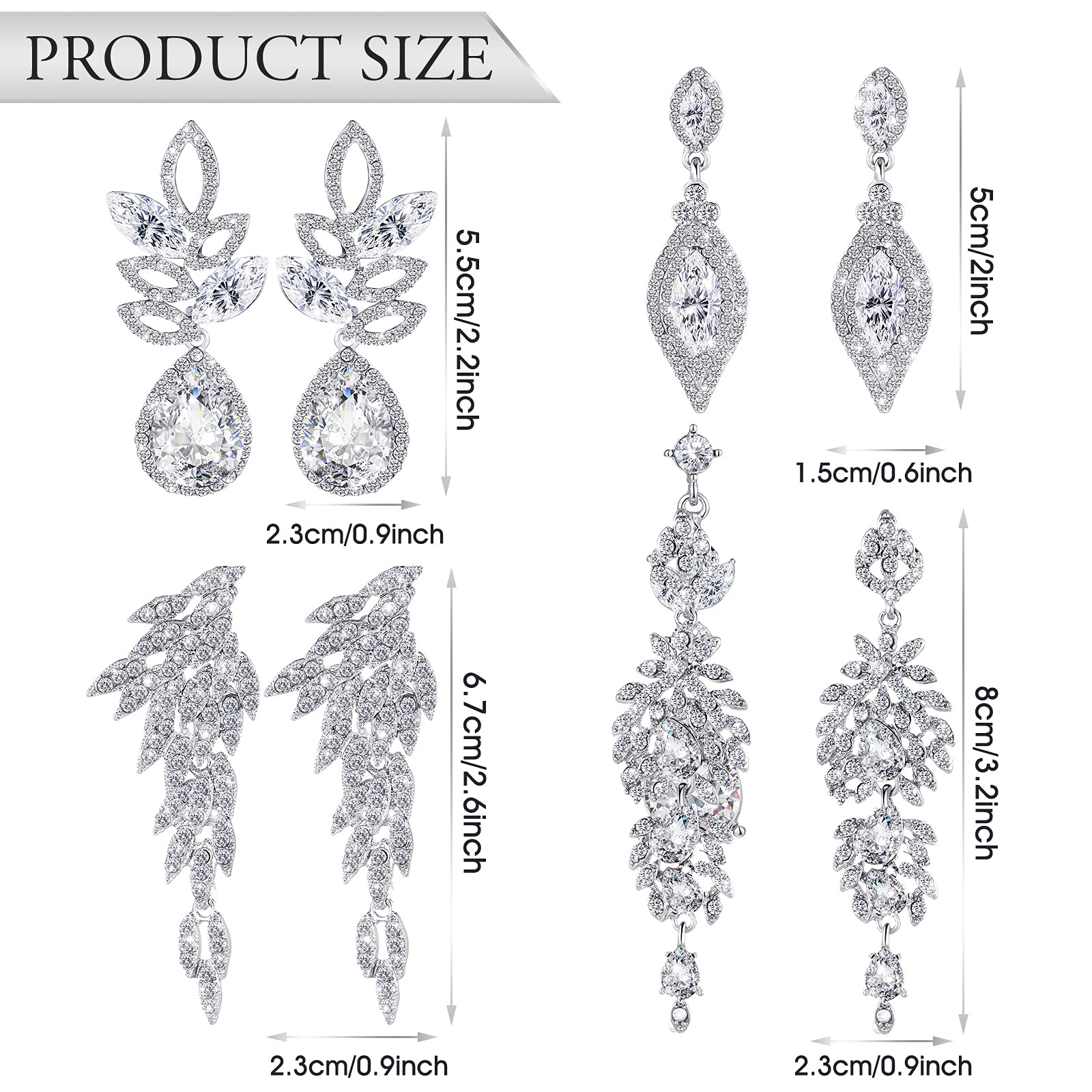 4 Pairs Crystal Cluster Earrings Wedding Rhinestone Dangle Drop Earrings Cubic Zirconia Teardrop Bridal Earrings for Women Bridal Wedding (Lovely Style)
