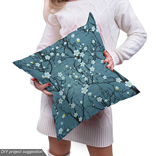 Lunarable Floral Fabric by The Yard, Sakura Tree Branches Pale Japanese Cherry Blossom Spring Form, Decorative Fabric for Upholstery and Home Accents, 1 Yard, Blue Black