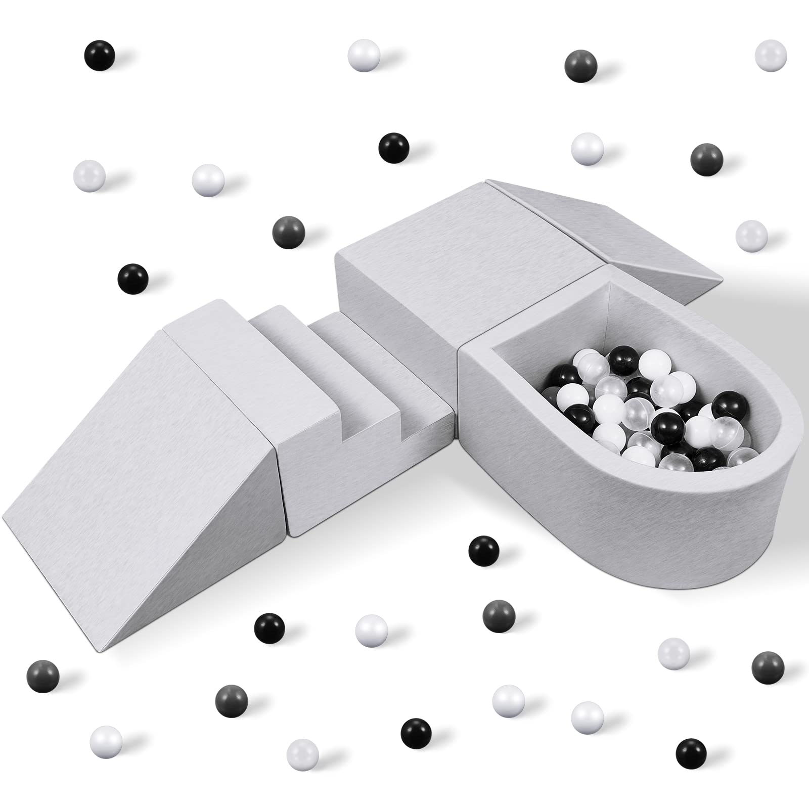 6 Pcs Safe Soft Foam Play Set Includes Single-Tunnel Foam Climber and Memory Foam Ball Pool for Toddlers Kids Children Indoor Active Climbing Crawling and Playing, 2.76 inch 100 Balls Included(Grey)
