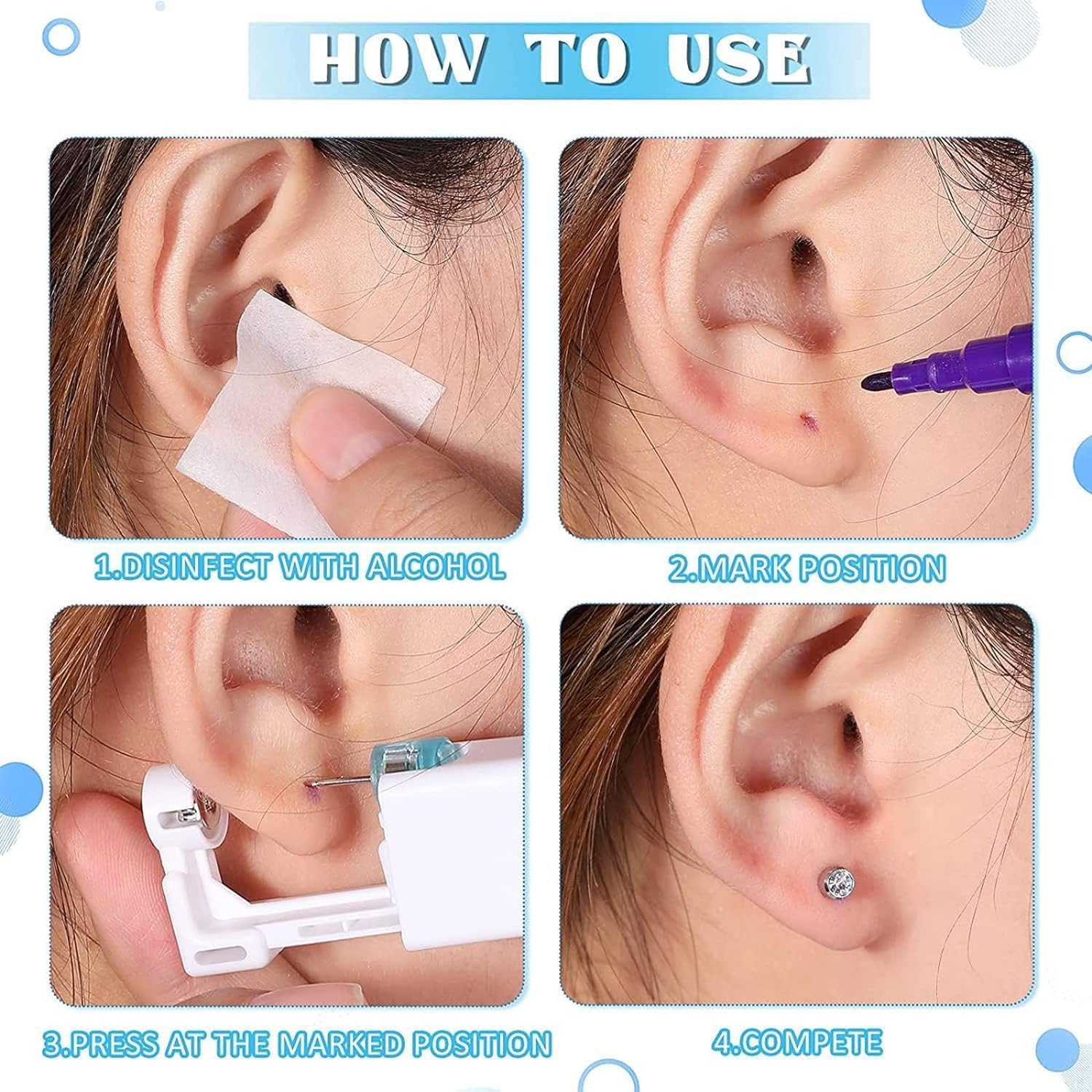 prgislew Ear Piercing Gun Kit 18Pcs Disposable Ear Piercing Kit Including 6Pcs Self Ear Piercing Gun with 6Pcs Built-in Earrings Stud 6Pcs Clean Tools for Ear Cartilage Tragus Helix Piercing Kit