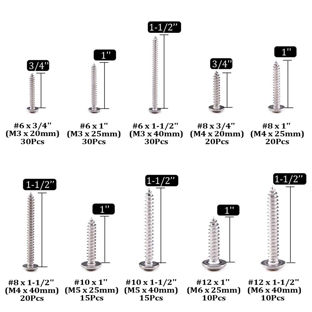 Hilitchi 304 Stainless Steel Hex Washer Head and Phillips Truss Head Self Drilling Sheet Metal Tek Screws Assortment Kit (Phillips Truss Head)