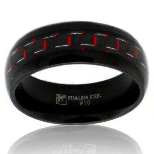 8mm Black Stainless Steel Ring with Red Carbon Fiber Inlay - Size 11