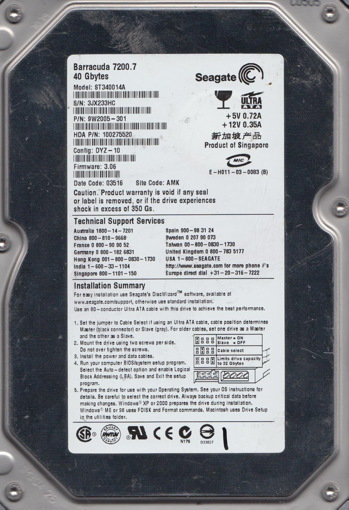 Seagate Barracuda 7200.7 40GB UDMA/100 7200RPM 2MB IDE Hard Drive