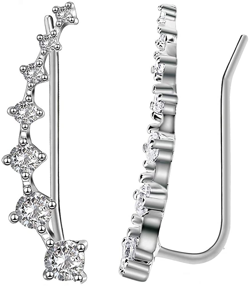 7 Crystals Ear Cuffs Hoop Climber S925 Sterling Silver Earrings Hypoallergenic Earring