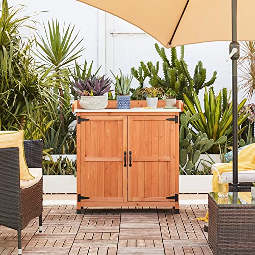 Yaheetech Garden Potting Bench Table - Outdoor Garden Patio Wooden Storage Cabinet & Solid Wood Planting Work Bench with Large Space Storage & Metal-Plated Tabletop, Brown