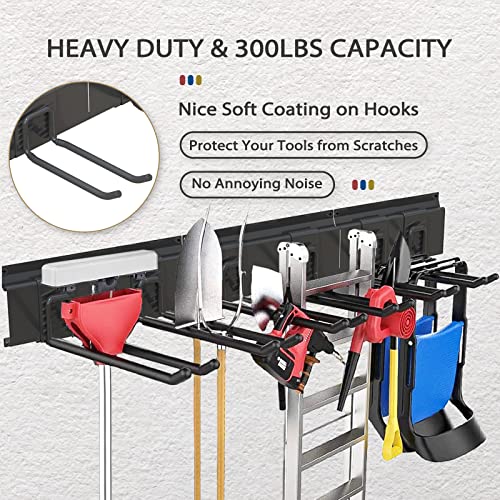 ROMATIA Garage Tool Organizer Wall Mount，Heavy Duty Tool Storage Rack，Garage Wall Organizer and Storage with 6 Garage Hooks for 300lbs Capacity
