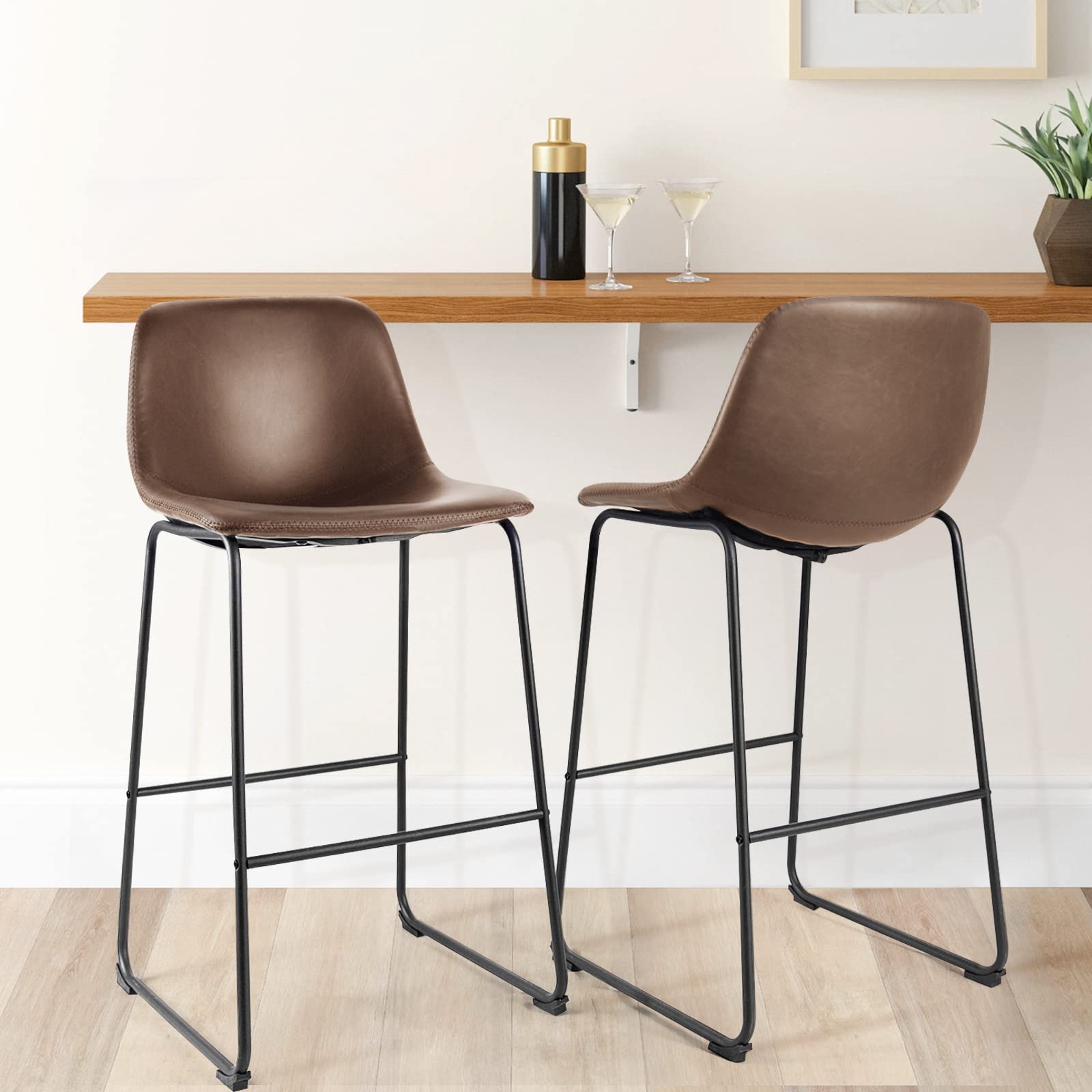 5Rcom PU Leather Bar Stools, Set of 2, Tall Bar stools with Back and Footrest, Modern Upholstered Bar Height Stools with Black Metal Legs, 30-inch Seat Height Chairs for Kitchen Home Office Pub, Brown