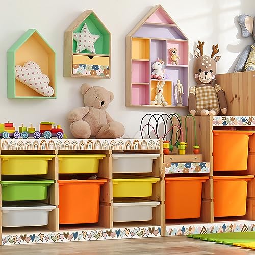 AnyDesign 60Pcs Boho Morandi Bulletin Board Borders with 100Pcs Glue Points 5 Design Heart Rainbow Handprint Die-Cut Trim Borders Classroom Borders for School Classroom Office Chalkboard Decorations