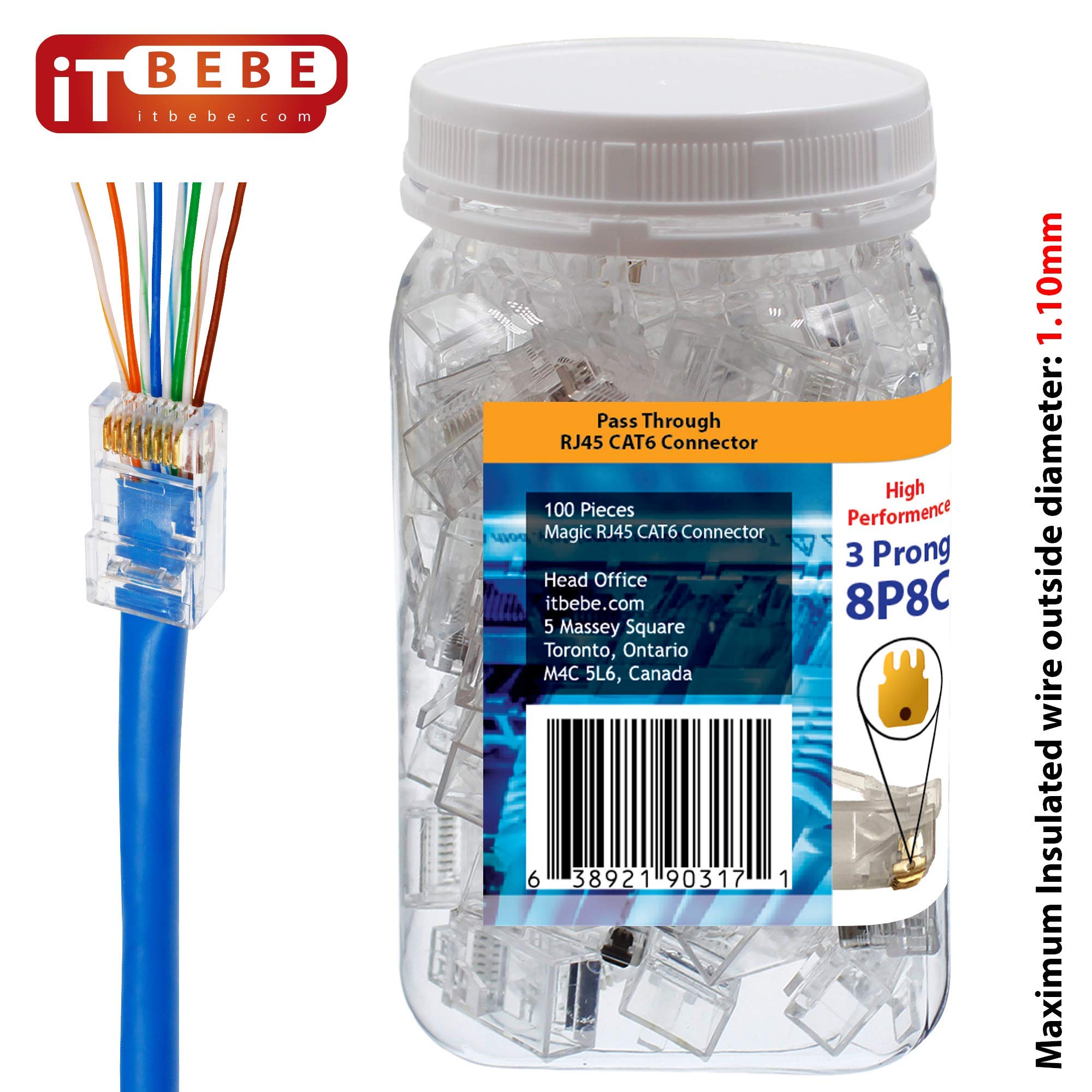 ITBEBE 100-Pack RJ45 Pass Through Connector | Cat 6 Connectors for High-Speed Data | Pass Through RJ45 with Gold-Plated Contacts | Universal Compatibility | Simplified Termination | Professional-Grade