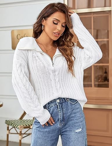 Blooming Jelly Women's Sweater Long Sleeve Quarter Zip Pullover Casual Loose Fit Cable Knit Tops(M,White)
