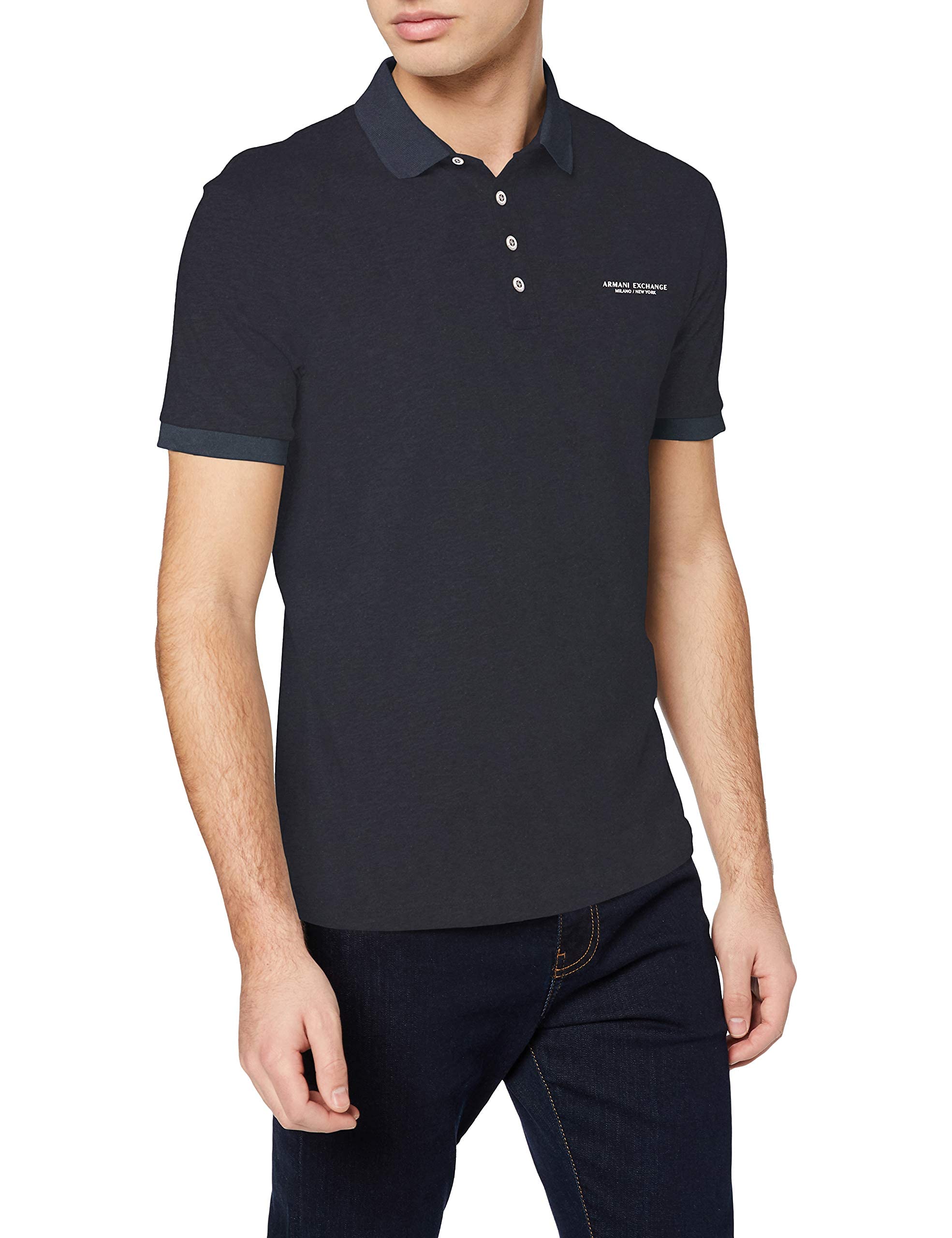 A|X ARMANI EXCHANGE Men's Short Sleeve Contrast Logo Jersey Polo, Navy, M