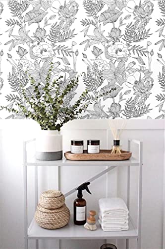 Blooming Wall Black White Elegant Modern Lotus Lily Leaf Peel and Stick Wallpaper Self-Adhesive Prepasted Wallpaper Wall Mural Wall Decor (17.7βx118β, Black/White)