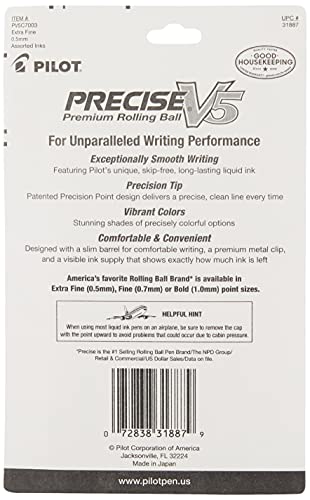 PILOT Precise V5 Stick Liquid Ink Rolling Ball Stick Pens, Extra Fine Point (0.5mm) Assorted Ink Colors, 7-Pack (31887)